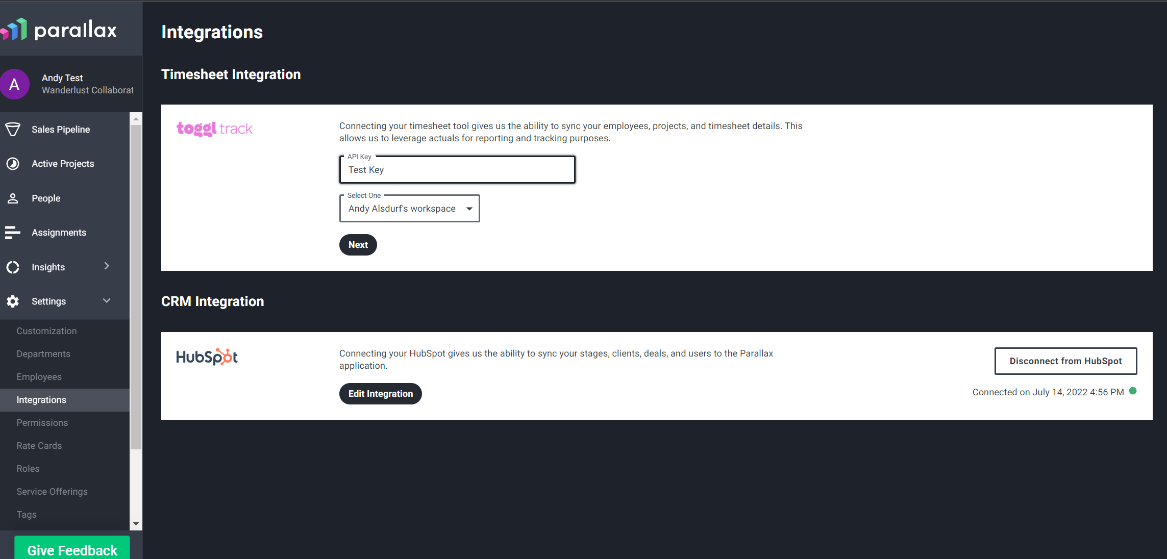 Toggl Integration Set Up – Parallax
